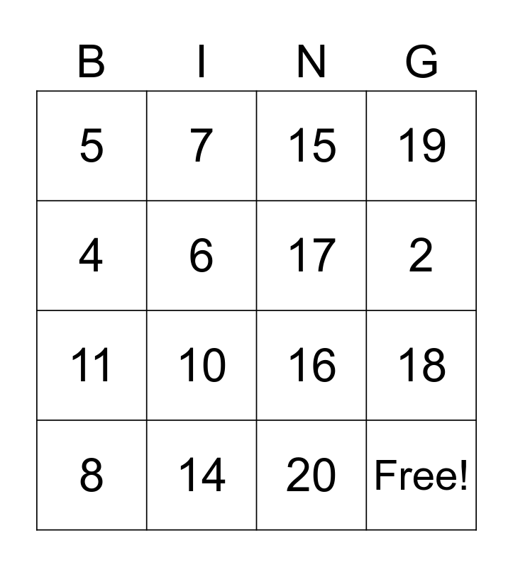 Numbers 0-20 Bingo Card