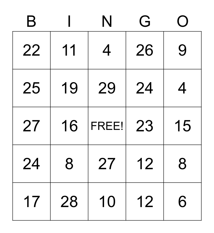 Numbers 1 - 30 Bingo Card