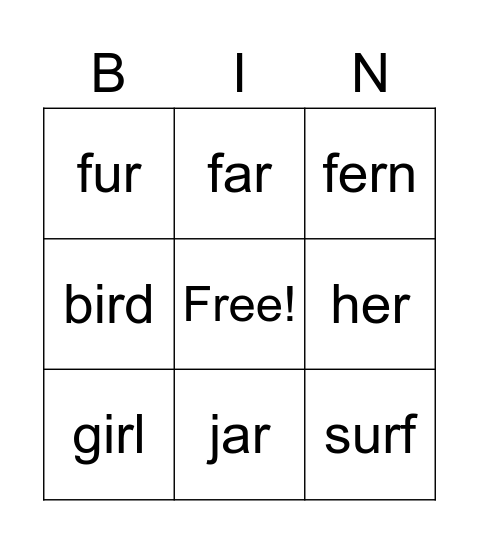 Bossy R Bingo Card