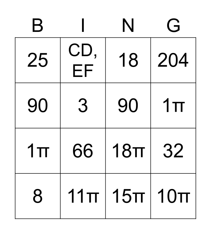 Circles and Arcs Bingo Card
