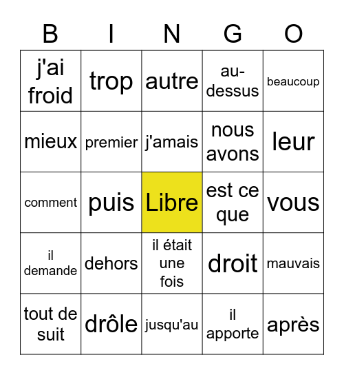 Mots Français Bingo Card