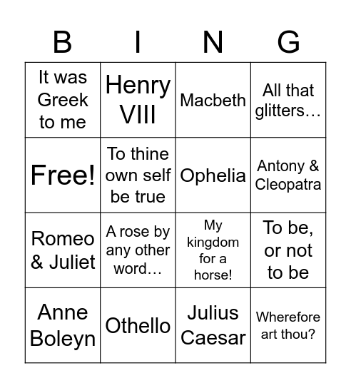 Shakespeare: Quotes & Characters Bingo Card