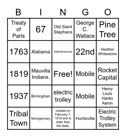 Alabama Bingo Card