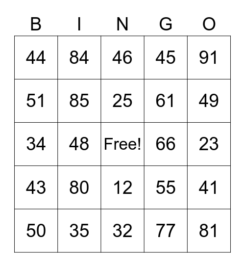 Number Identification bingo Card