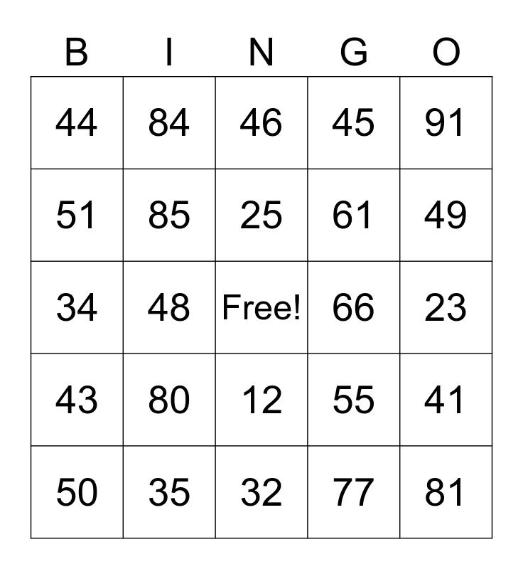 Number Identification bingo Card
