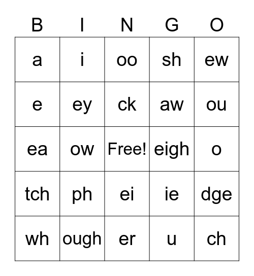 Spalding Phonograms Bingo Card
