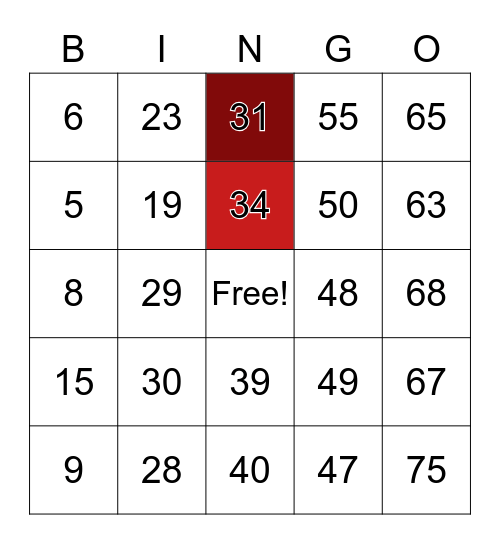 Number Bingo 1-75 Bingo Card