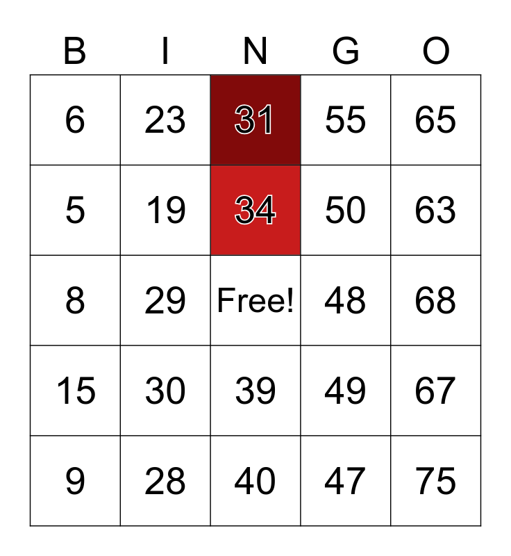 Number Bingo 1-75 Bingo Card