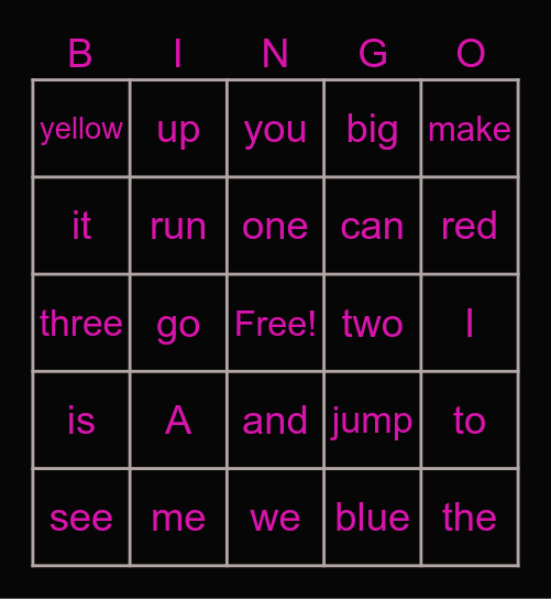 High Frequency Words Bingo Card