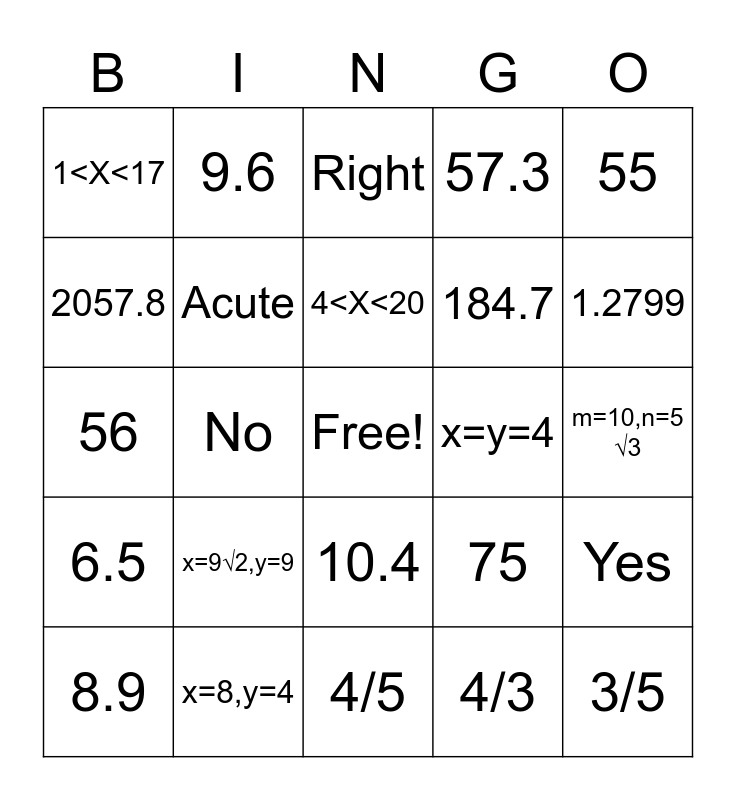 Trigonometry Bingo Card
