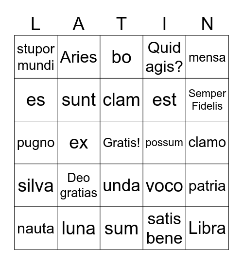 Latin Bingo Card