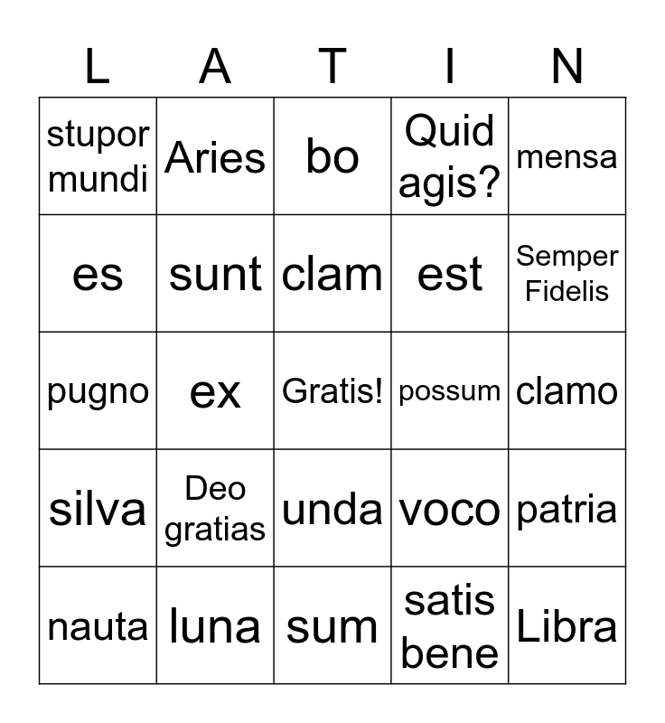Latin Bingo Card