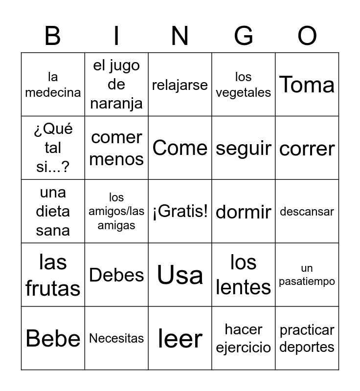 Consejos para la buena salud Bingo Card