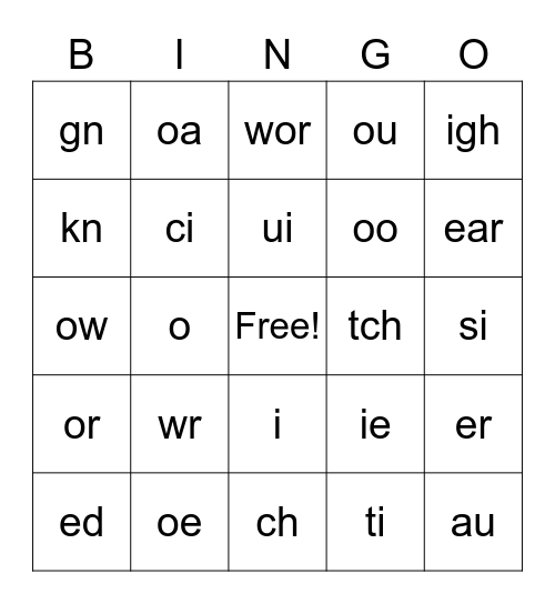 Spalding Phonograms 2 Bingo Card