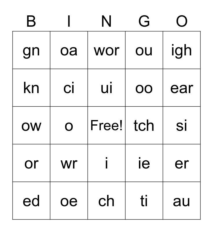 Spalding Phonograms 2 Bingo Card