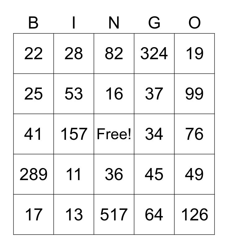 10/20/100 More or Less Bingo Card