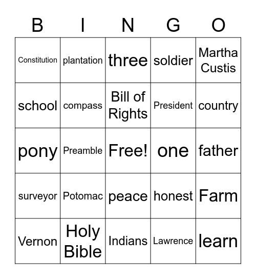 George Washington Review Bingo Card