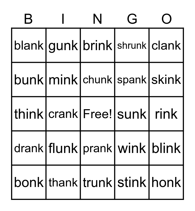 ank, ink, onk, unk Bingo Card