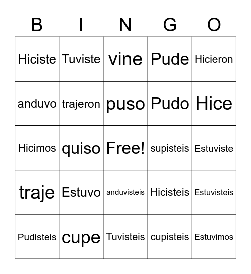 Irregular preterite Bingo Card