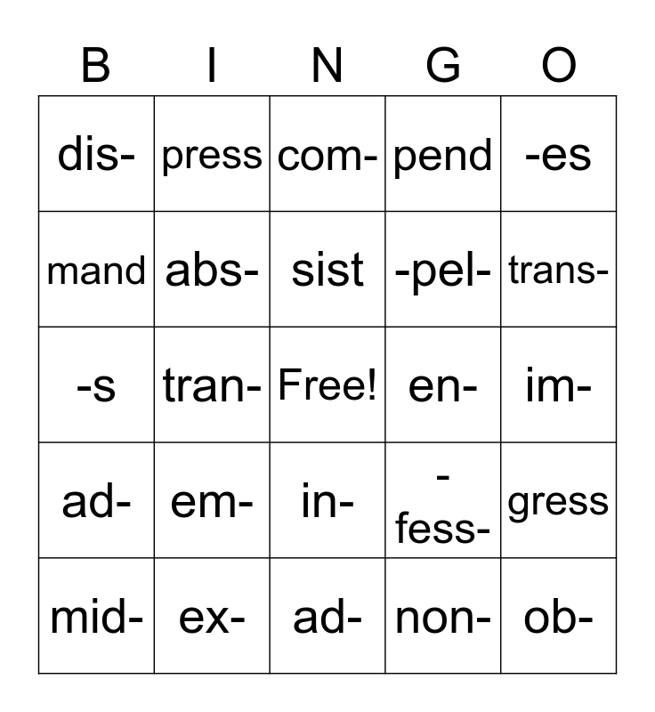 Closed Syllable prefixes Bingo Card
