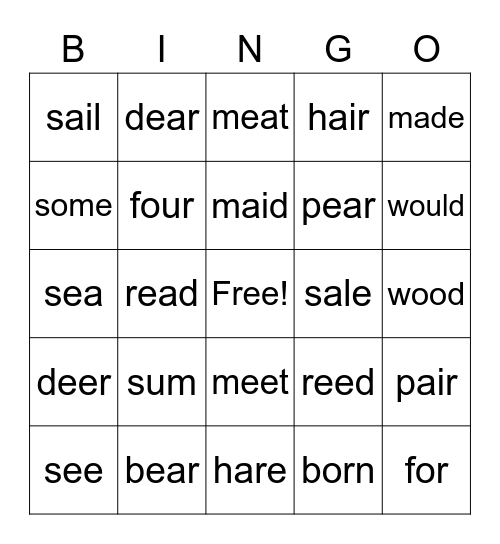 Homophone Bingo Card