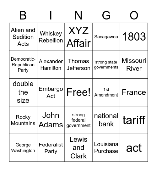 Washington to Jefferson Bingo Card