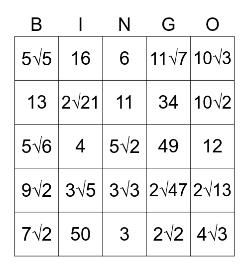 Square Roots Bingo Card