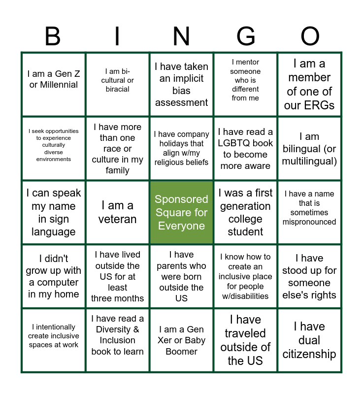 Diversity BINGO! Bingo Card