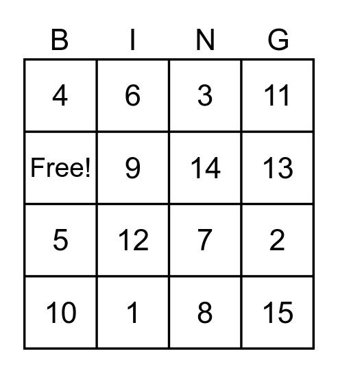 Bingo 1 - 20! Bingo Card