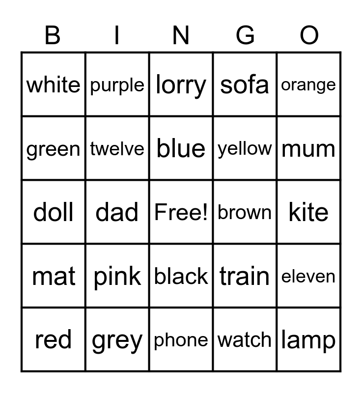 1st Grade Bingo: COLOURS Bingo Card