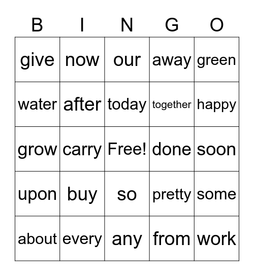 1st Grade High Frequency Words Bingo Card