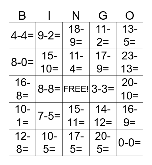 Subtraction Bingo Card