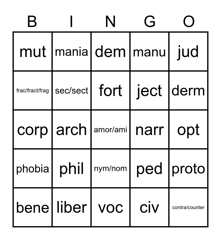 Root Lists by Theme Bingo Card