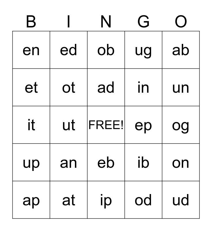Word Ending Bingo Card Word Ending Bingo Card