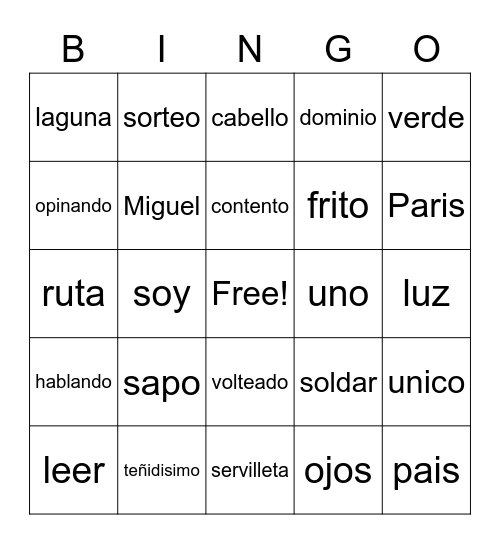 sustantivos , adjetivos y verbos Bingo Card