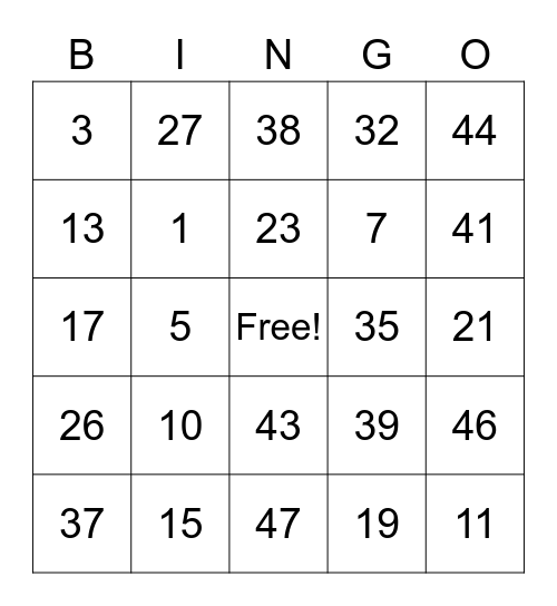 Number Bingo 1-40 Bingo Card