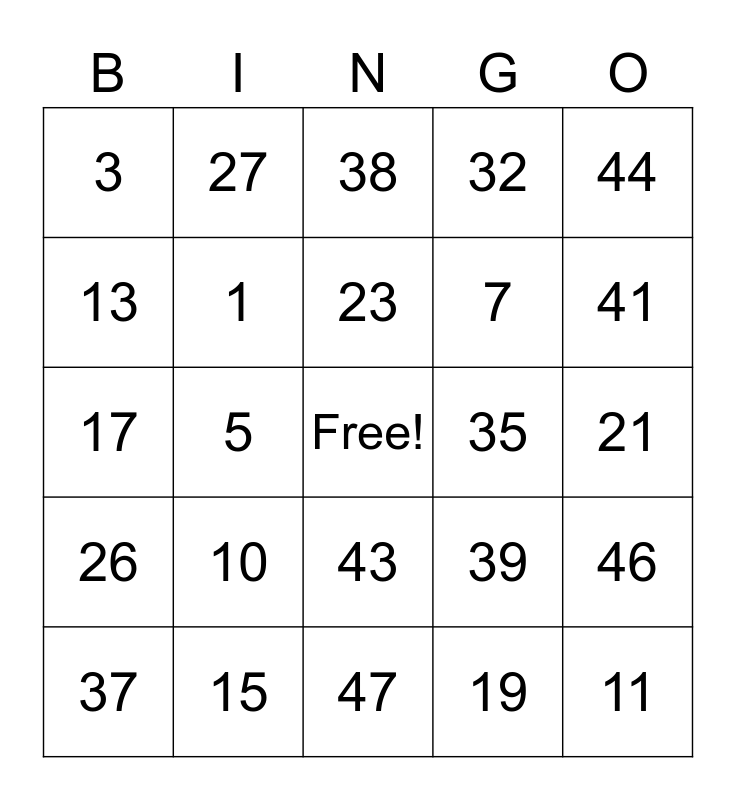 Number Bingo 1-40 Bingo Card