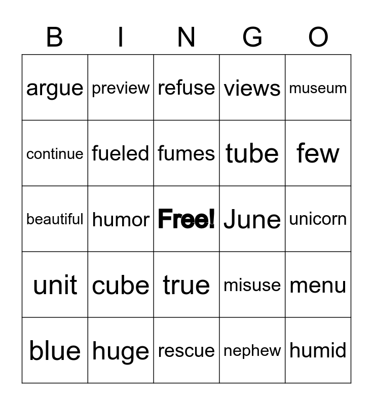 Long U (u, ie, iew, ue, uCe) Bingo Card