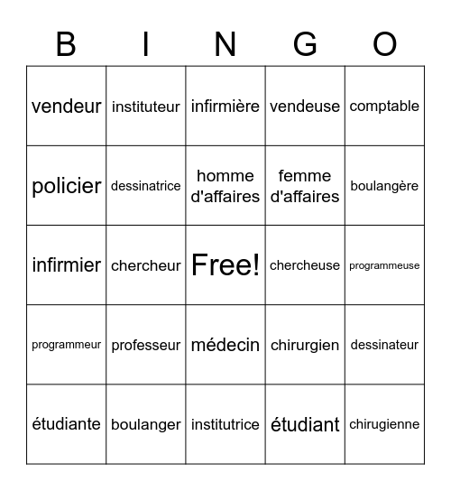 Les métiers Bingo Card