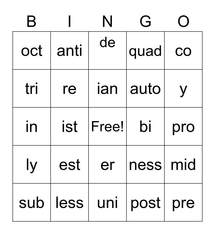 Prefixes and Suffixes Bingo Card