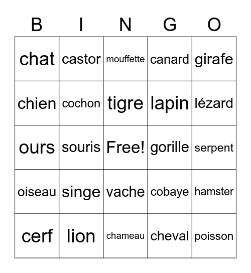 Les Animaux Bingo Card