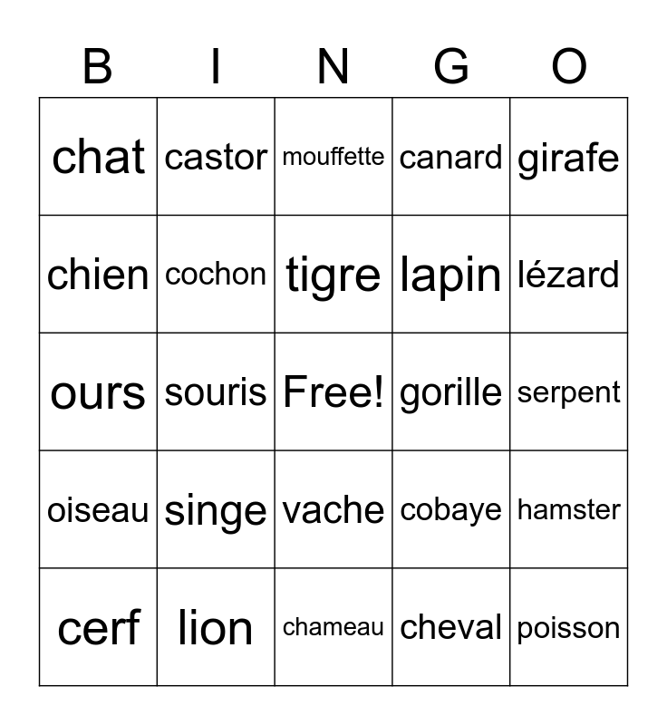 Les Animaux Bingo Card