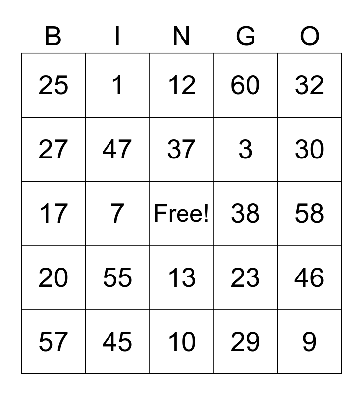Card 6 Numbers 1 60 Bingo Card Card 6 Numbers 1 60 Bingo Card