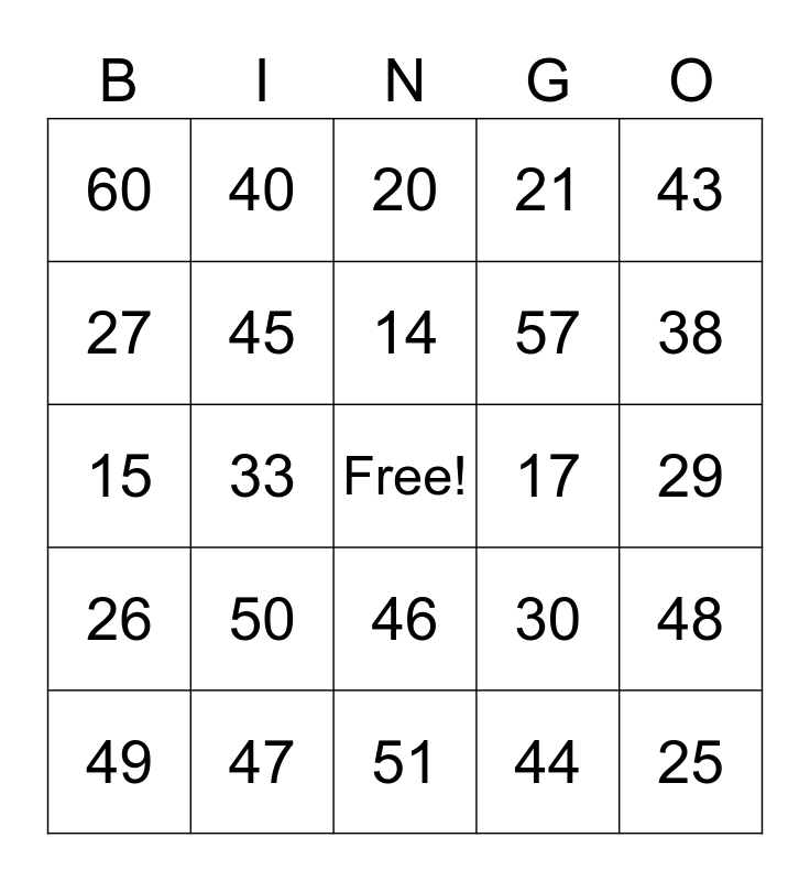 Card 12, Numbers 1-60 Bingo Card
