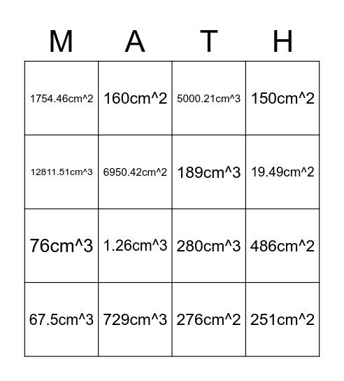 Surface Area & Volume Bingo Card