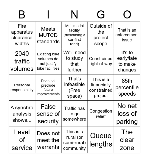 Traffic Engineer Bingo Card