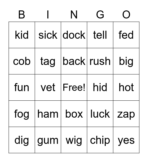 Short Vowel Bingo Card