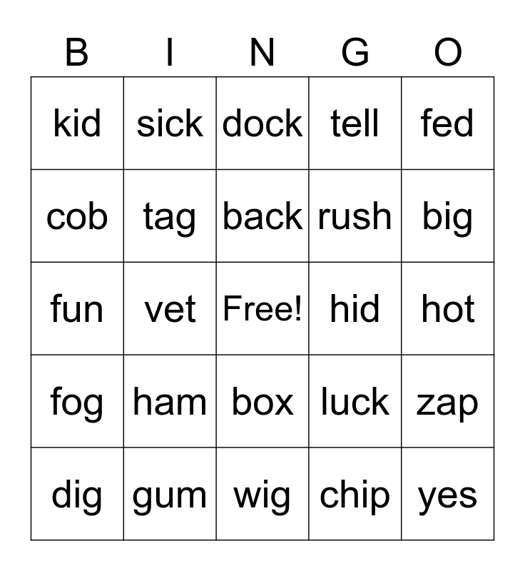 Short Vowel Bingo Card