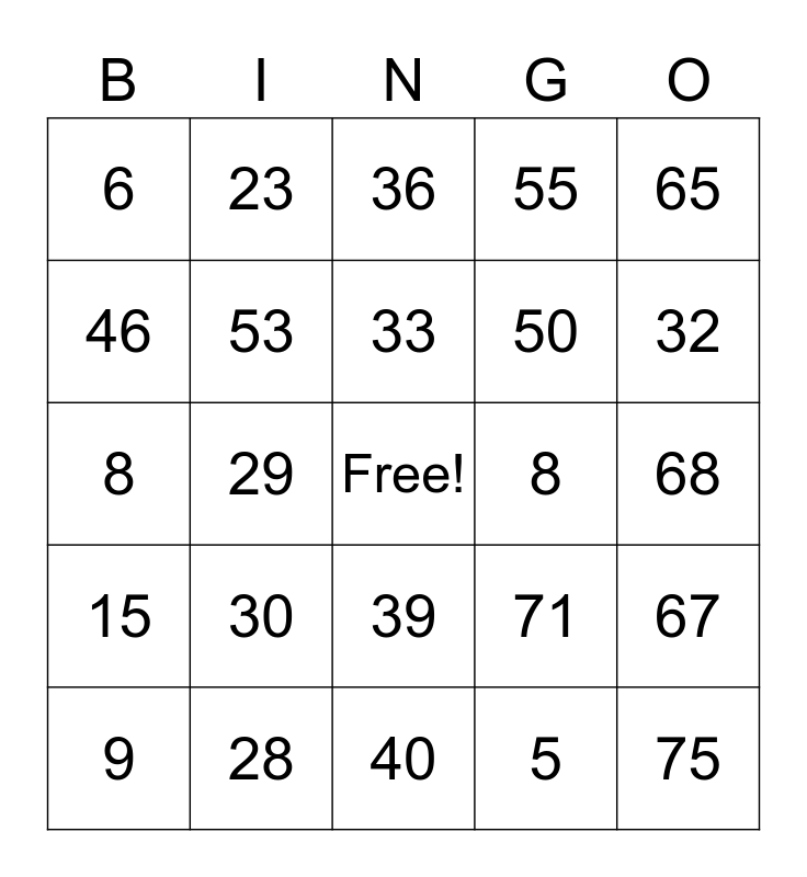 Number Bingo 1-75 Bingo Card