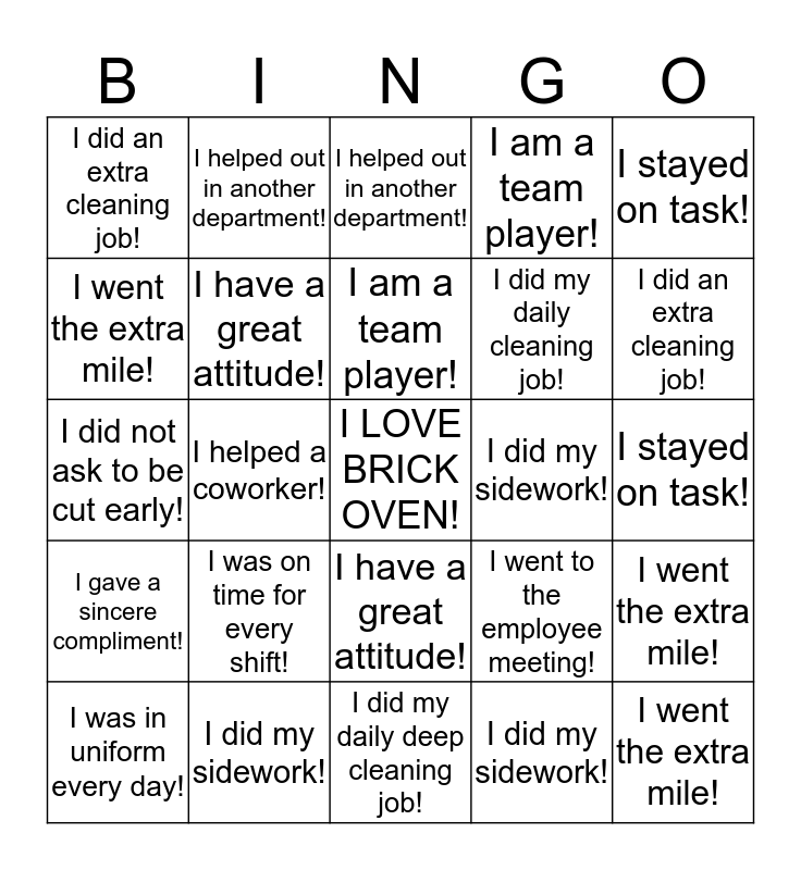 BRICK OVEN BINGO! Bingo Card